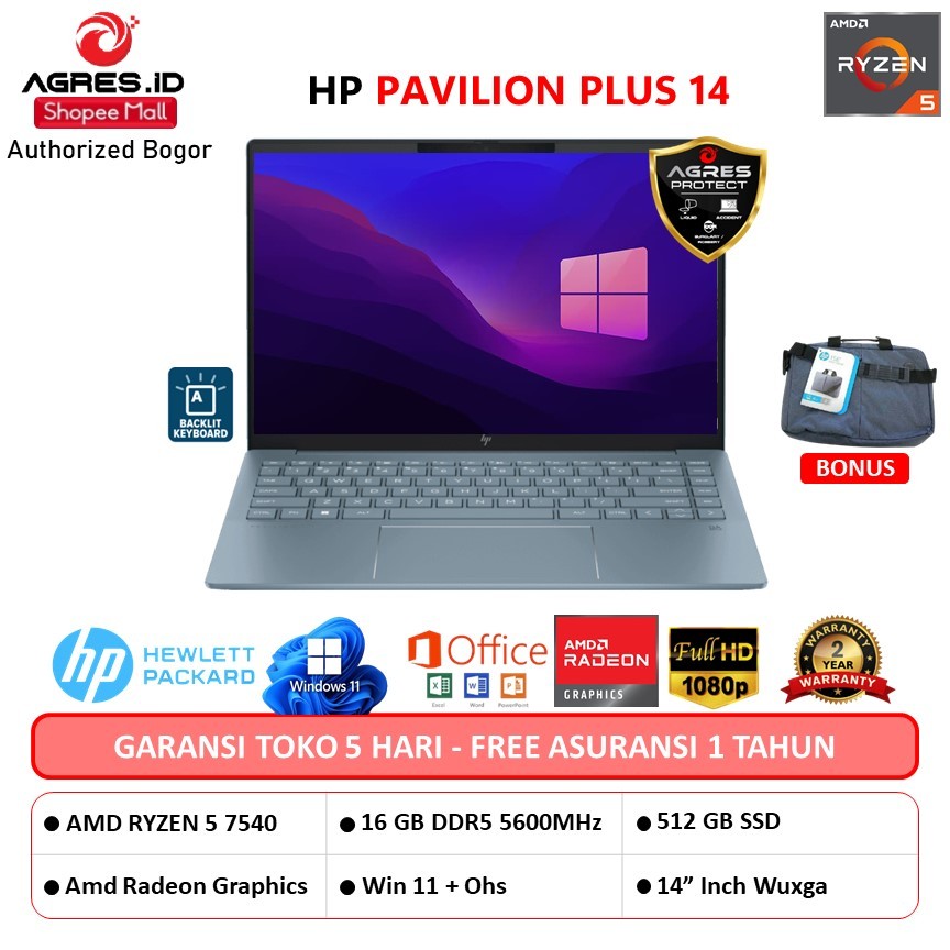 Jual HP PAVILION PLUS 14 RYZEN 5 7540 16GB 512GB W11+OHS 14.0WUXGA ...