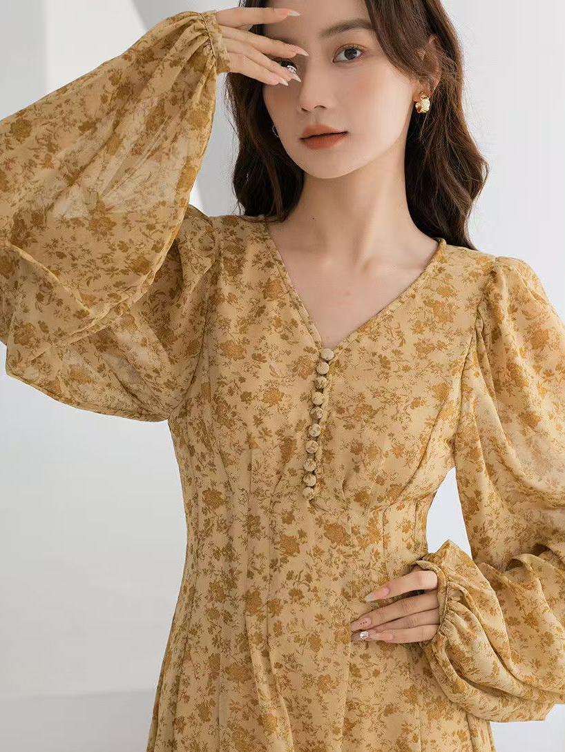 Jual Dress Kuning Lengan Panjang/Sutra Dress Batik Mewah Elegant/Floral ...