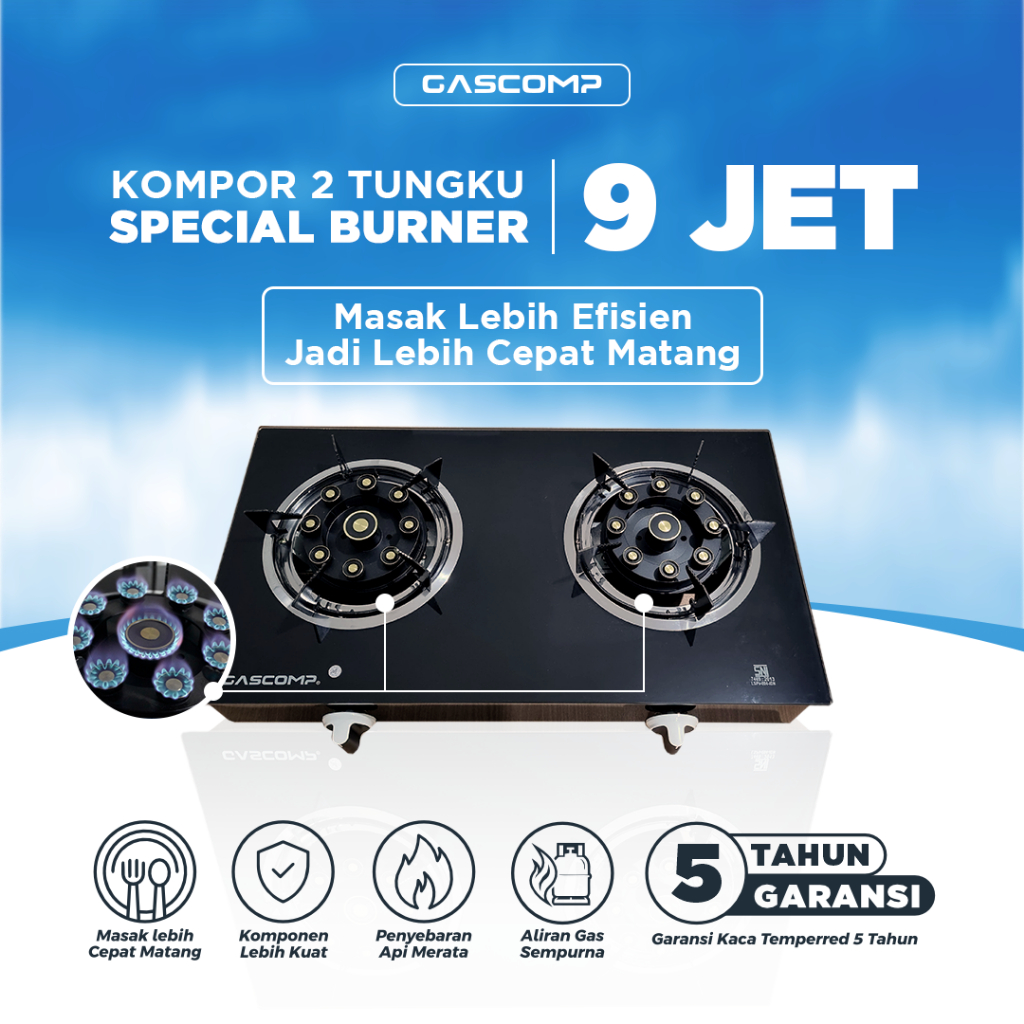 Jual GASCOMP Kompor Kaca 2 Tungku Burner Turbo 9 JET - Kompor Gas Kaca ...