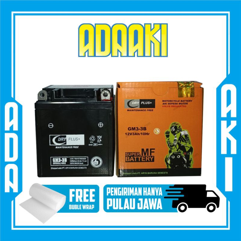 Jual Aki DRYPLUS GM3-3B untuk motor RX-KING, Ninja R 2tak, Satria Lumba 12V 3AH | Shopee Indonesia