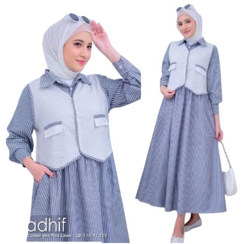 Jual Midi Dress Korea Nadhif BP Katun Salur Mix Polo Linen Kancing Depan Dress Wanita Kekinian ...