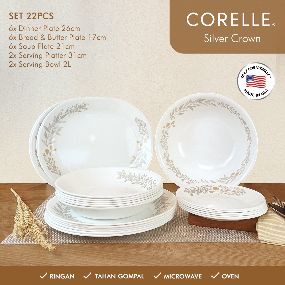 Jual CORELLE Silver Crown Dinner Set / Set Piring Makan 22pcs | Shopee ...