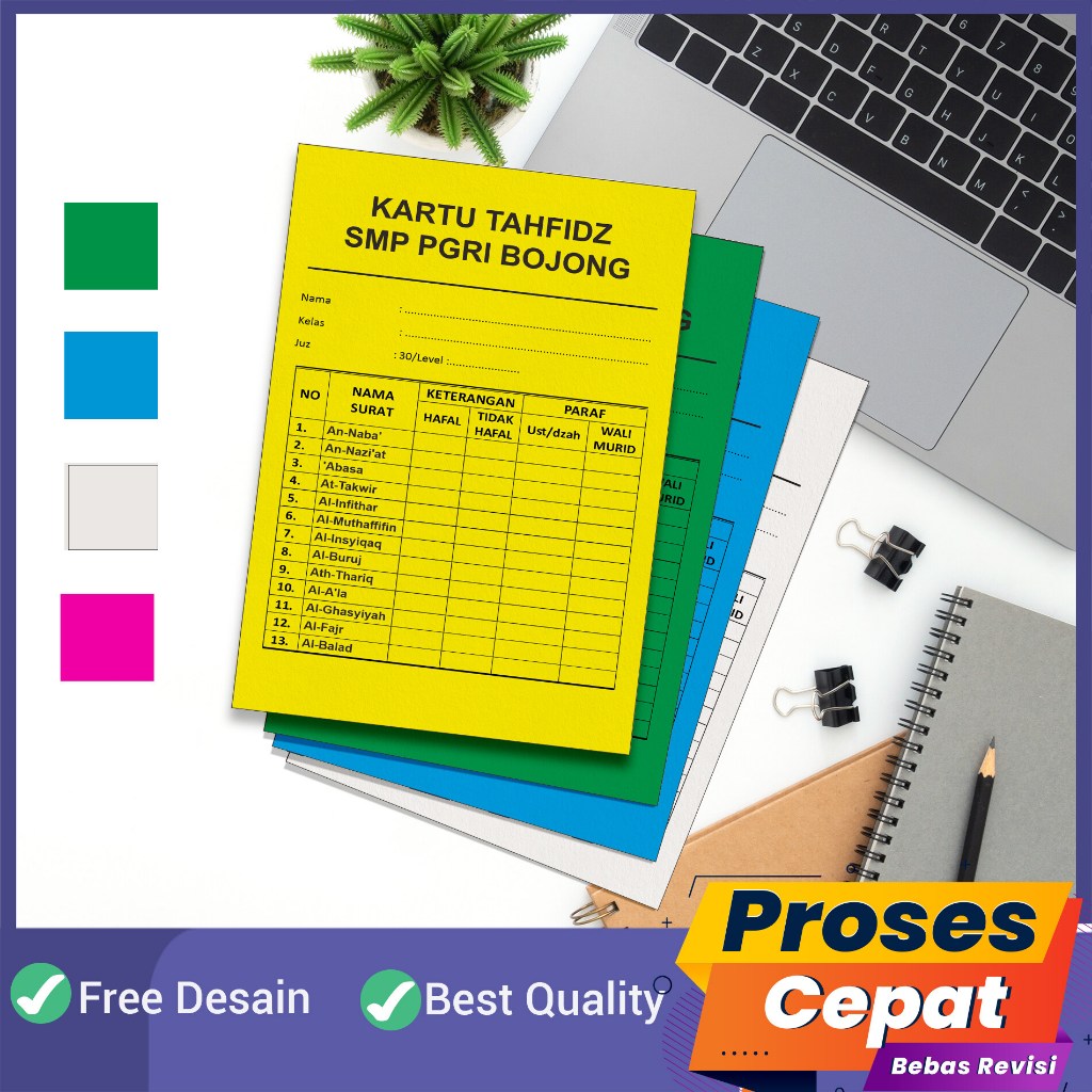 Jual Kartu Setoran Hafalan Juz Amma Bolak Balik Custom - Biru - Hijau ...