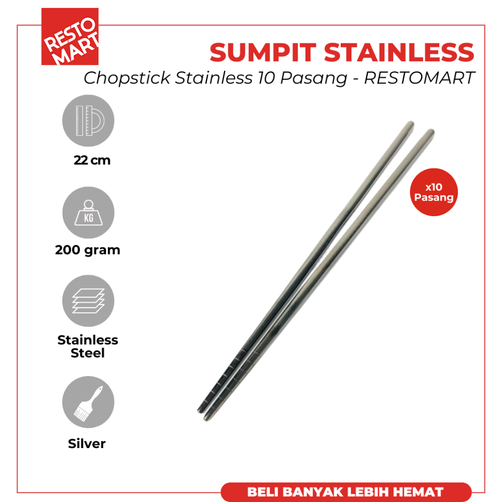 Jual Chopstick / Sumpit Stainless Set 10 Pasang RESTOMART Stainless ...