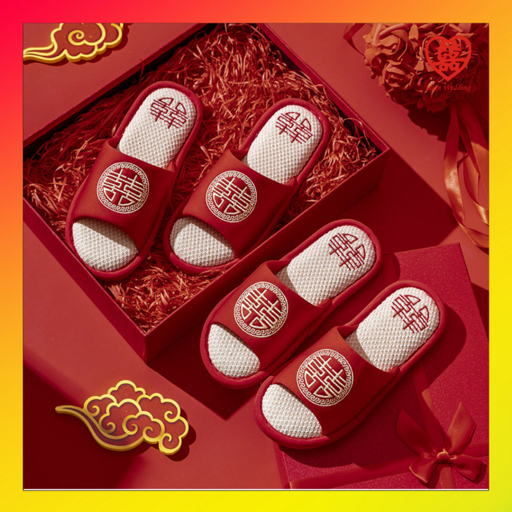 Jual JW Sendal Slop Pengantin Groom/ Bride Merah Shuang Xi Bahan Rajut ...