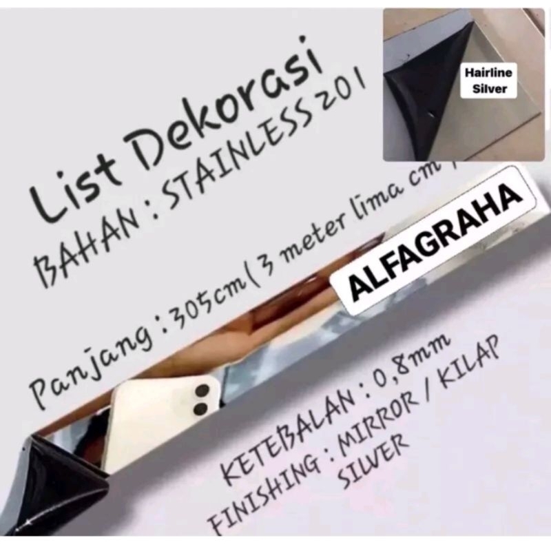 Jual LIST PLAT STRIP MIRROR SILVER HAIRLINE SILVER STAINLESS STEEL 201 ...