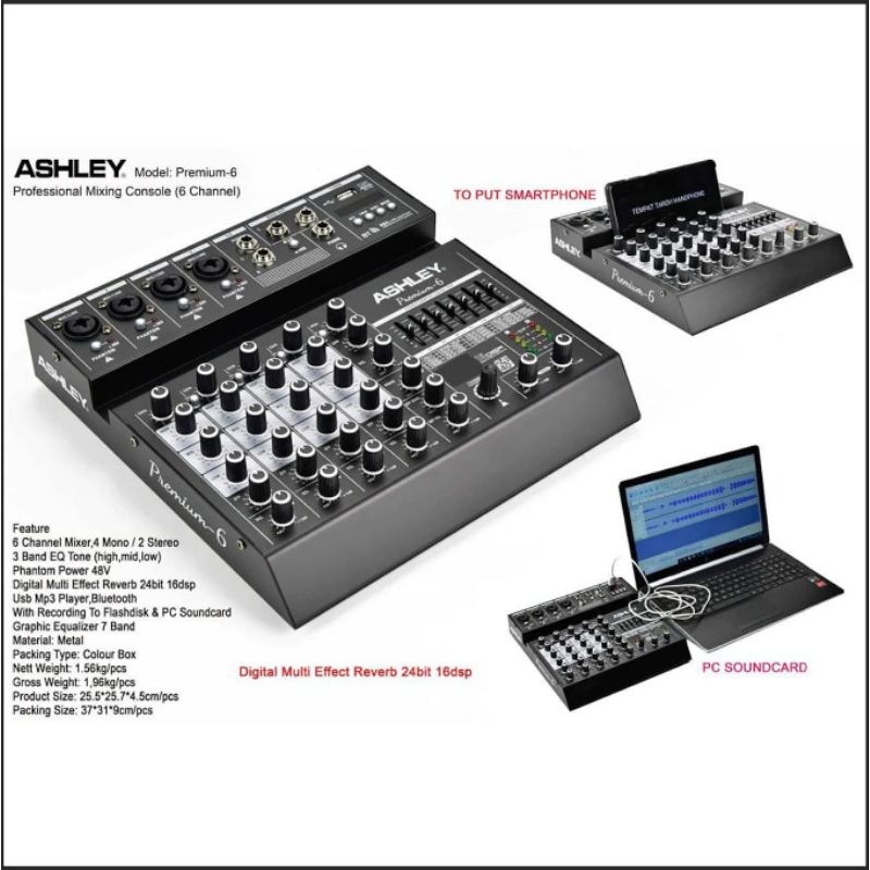 Jual Mixer Ashley Premium 6 Original 6 Channel Bluetooth - USB With Soundcard | Shopee Indonesia