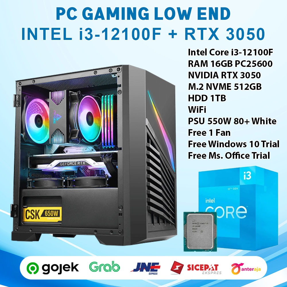 Jual PC Gaming Intel Core i3 12100F RTX 3050 / GTX 1650 WiFi RAM 16GB HDD 1TB Murah Valorant ...