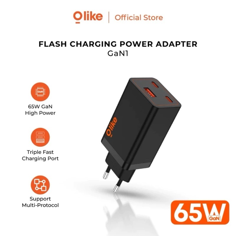 Jual OLIKE KEPALA CHARGER 65W GAN FAST CHARGING ADAPTER USB DUAL TYPE C ...