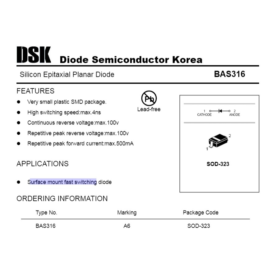 Jual Diode Dioda BAS316 Surface Mount Fast Switching SMD SOD-323 4ns 100V 500mA - Harga per ...