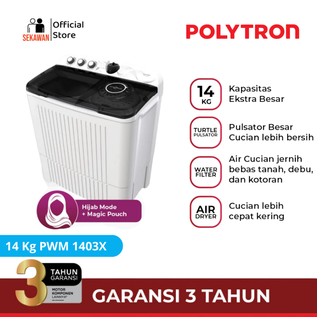 Jual Mesin cuci POLYTRON Primadona Giant 2 tabung 14 Kg PWM 1403X ...