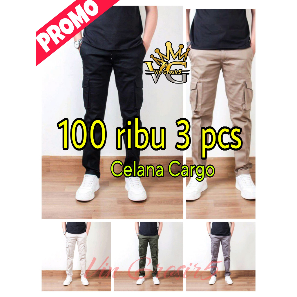 Jual SUPER HEMAT 3 PCS Celana panjang Cargo Pria Size 25-32 Celana Cowok Panjang Pinggang Karet ...