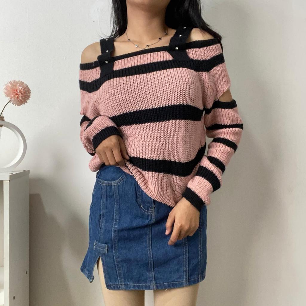 Jual [ JOYFIT ] - ATASAN KOREAN STYLE MOTIF GARIS-GARIS SETRIP ATASAN KNIT LENGAN PANJANG WANITA ...