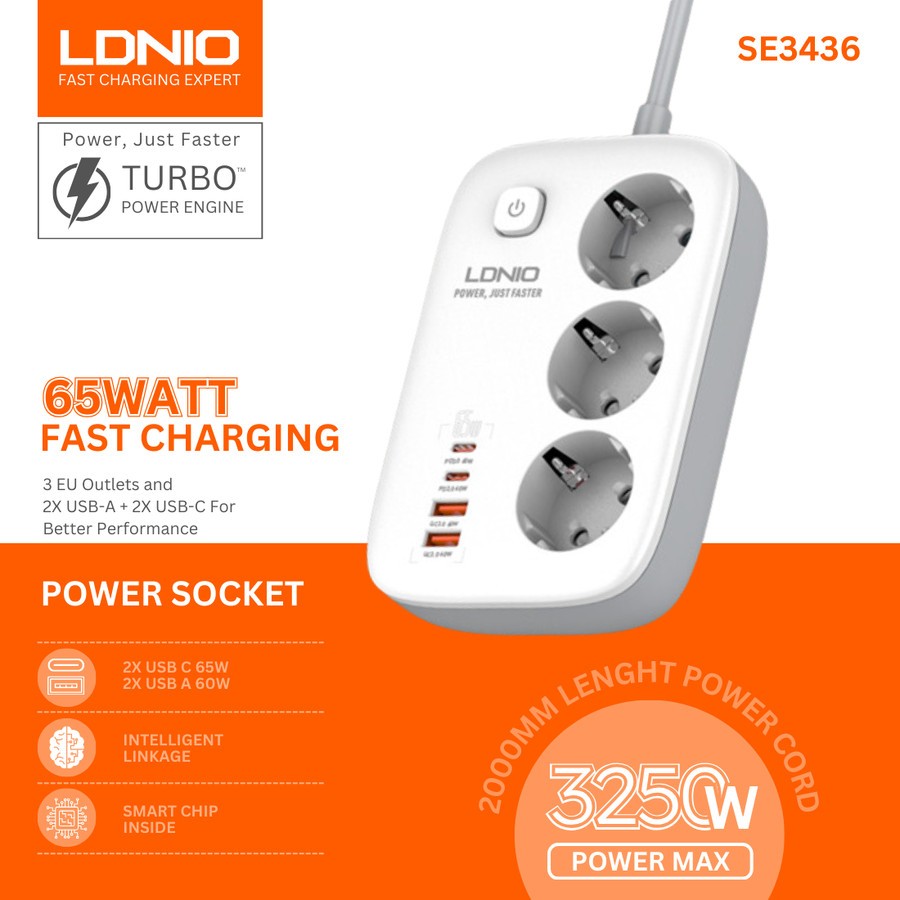 Jual LDNIO SE3436 Power Strip GaN Charger 3250W Stop Kontak 3 Socket 2 USB 2 USB C | Shopee ...