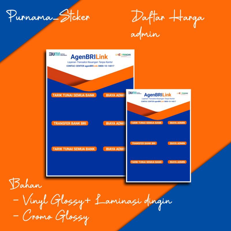 Jual stiker daftar harga admin transaksi brilink ukuran A4 Bahan art ...