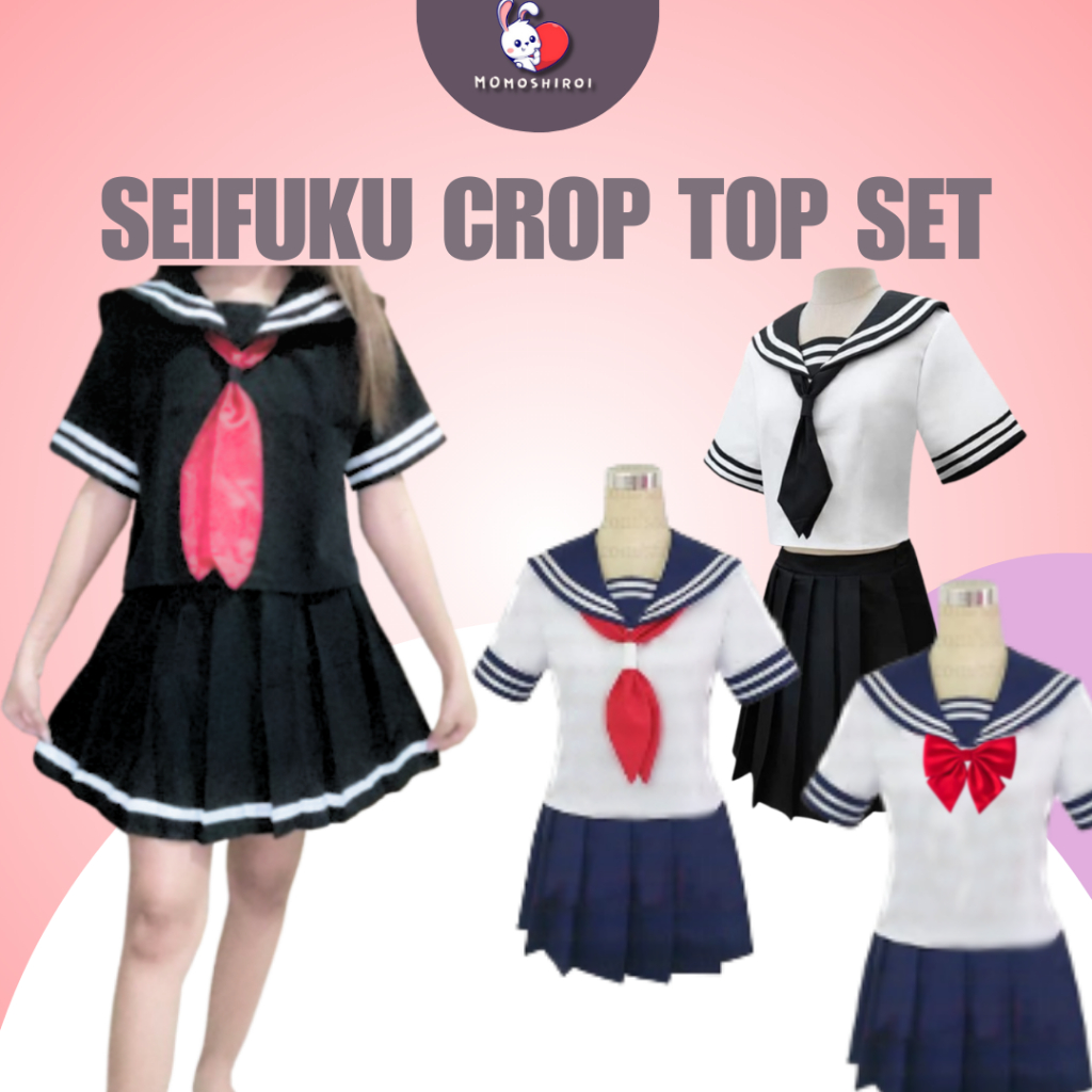 Jual Seifuku Crop Top Set Dengan Rok Garis Putih Baju Seragam Jepang ...