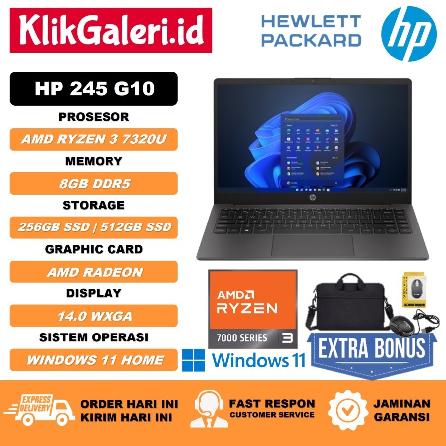 Jual Laptop Gaming HP HP 245 G10 RYZEN 3 7000 series 8Gb 256Gb Black ...