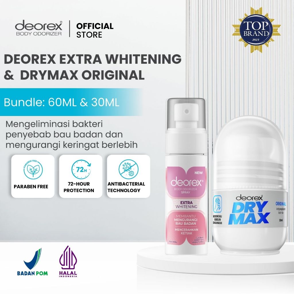 Jual [Bundling 2pcs Bright & Dry] Deorex Body Odorizer Extra Whitening Spray 60ml dan DryMax ...
