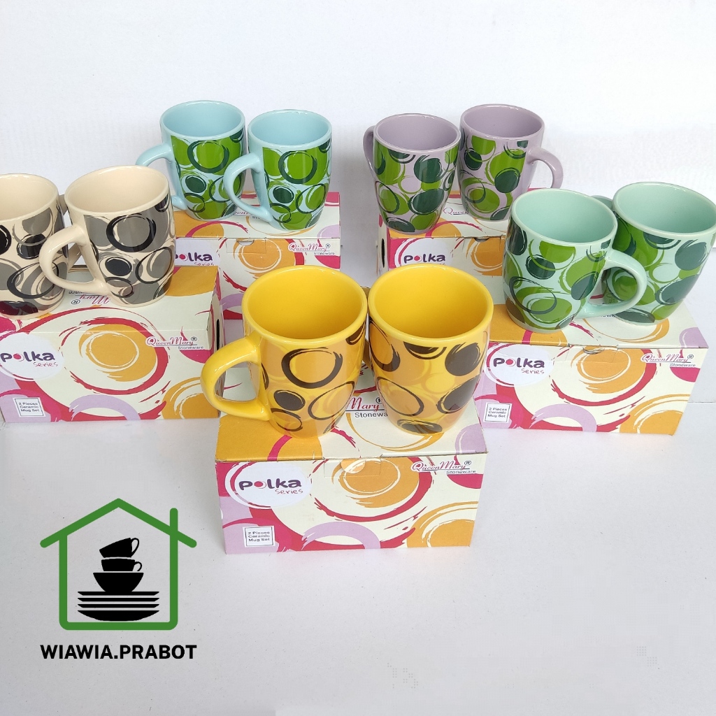 Jual set 2pcs mug keramik corel queen mary gelas kado mug polka pastel ...