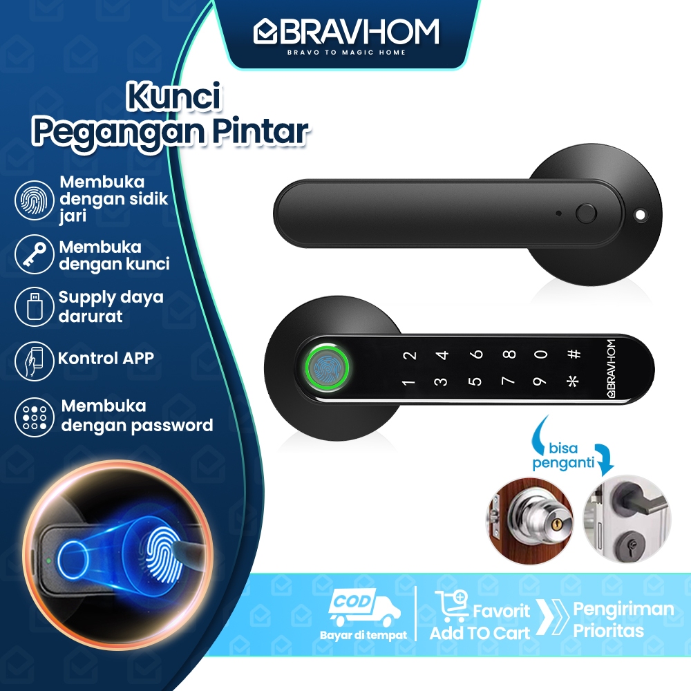 Jual BRAVHOM Kunci Pintu digital sidik jari password dan App kontrol Smart Handle Door Lock Home ...