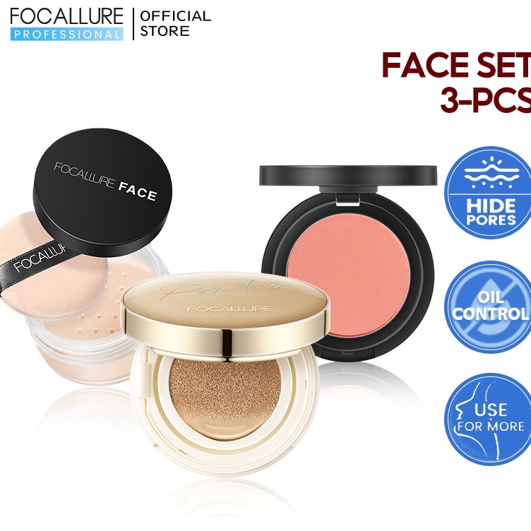 Jual Top Delivery FOCALLURE 3PCS Face Set Poreless Cushion Loose Powder ...