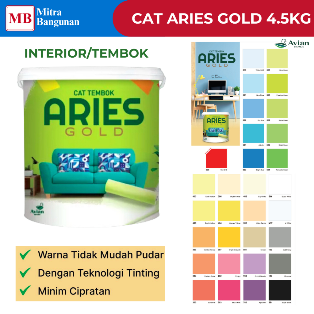 Jual AVIAN ARIES GOLD CAT AIR TEMBOK PLAFON 5KG SEMUA WARNA PUTIH,MERAH,HIJAU,KUNING,BIRU,DLL ...