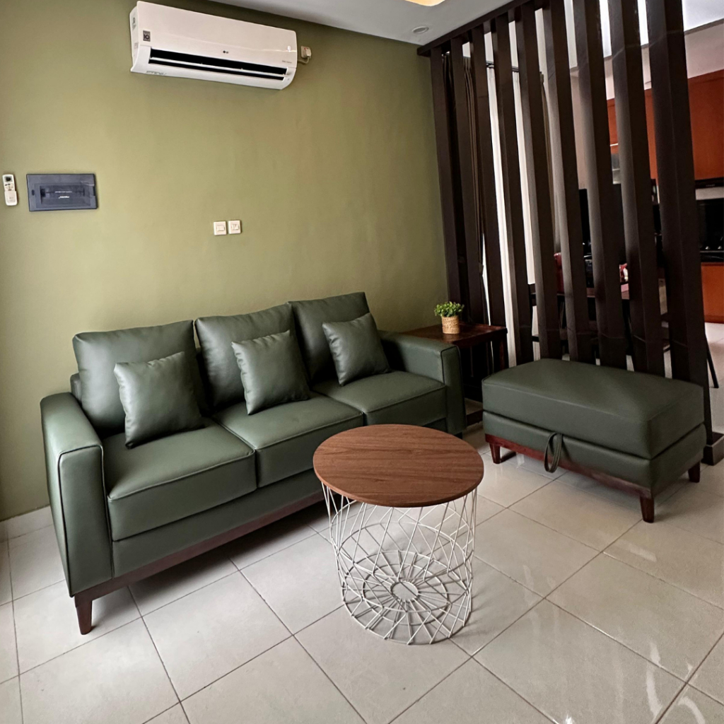 Jual SOFA RUANG TAMU EVIA | 3 SEATER + STOOL | LIST KAKI MAHONI SOLID WOOD | Shopee Indonesia