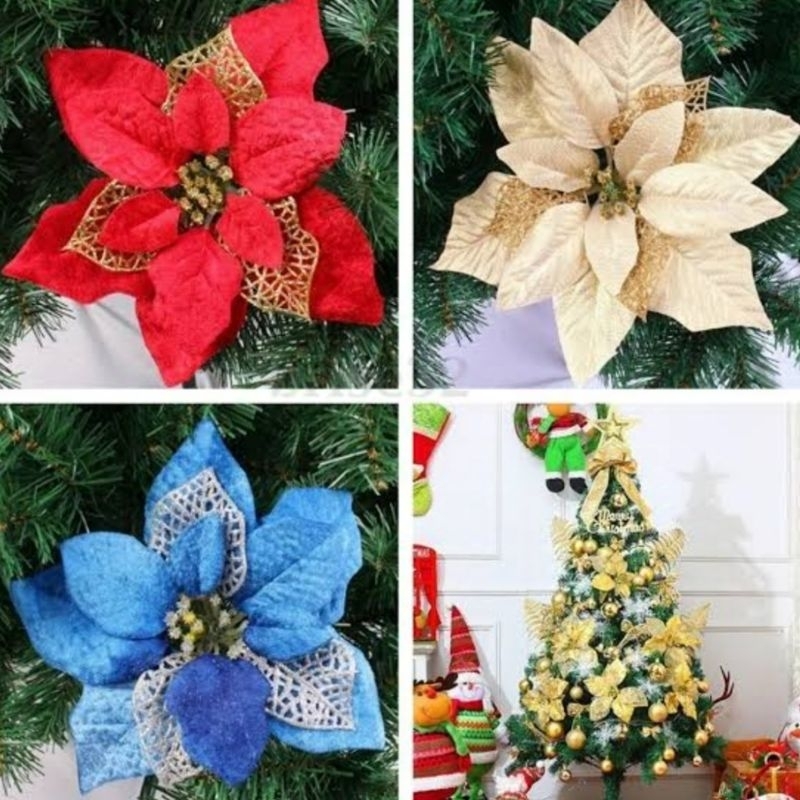 Jual GROSIR Bunga Natal Glitter Besar 22 cm Bunga Katsuba Ponsetia ...