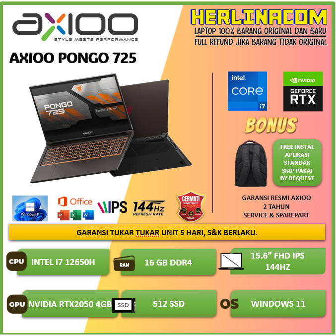 Jual Laptop gaming Axioo Pongo 725 i7 12650H RTX2050 4GB/ 16GB 512GB ...