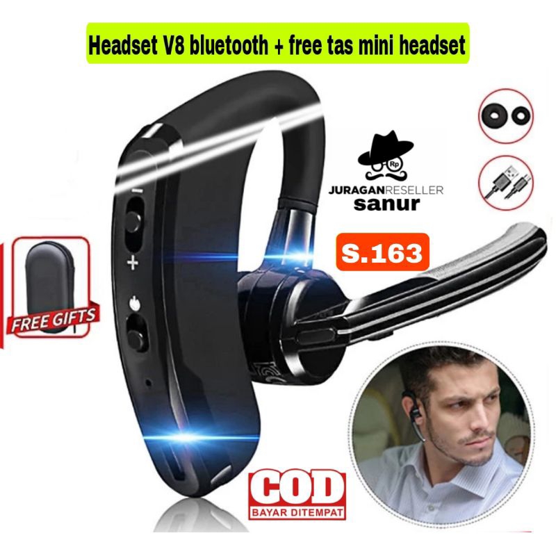 Jual Headset V8 bluetooth with long mic 8D Bass wireless earphone 5.0 single | Shopee Indonesia