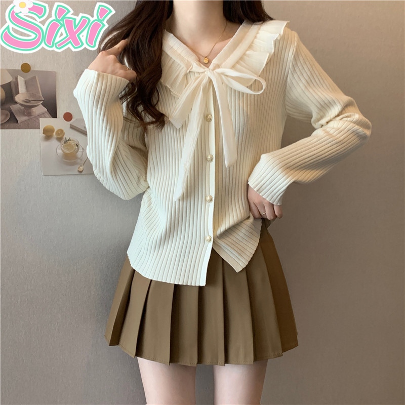 Jual SIXI Atasan Rajut Wanita Premium Leher Renda Pita Round Neck ...