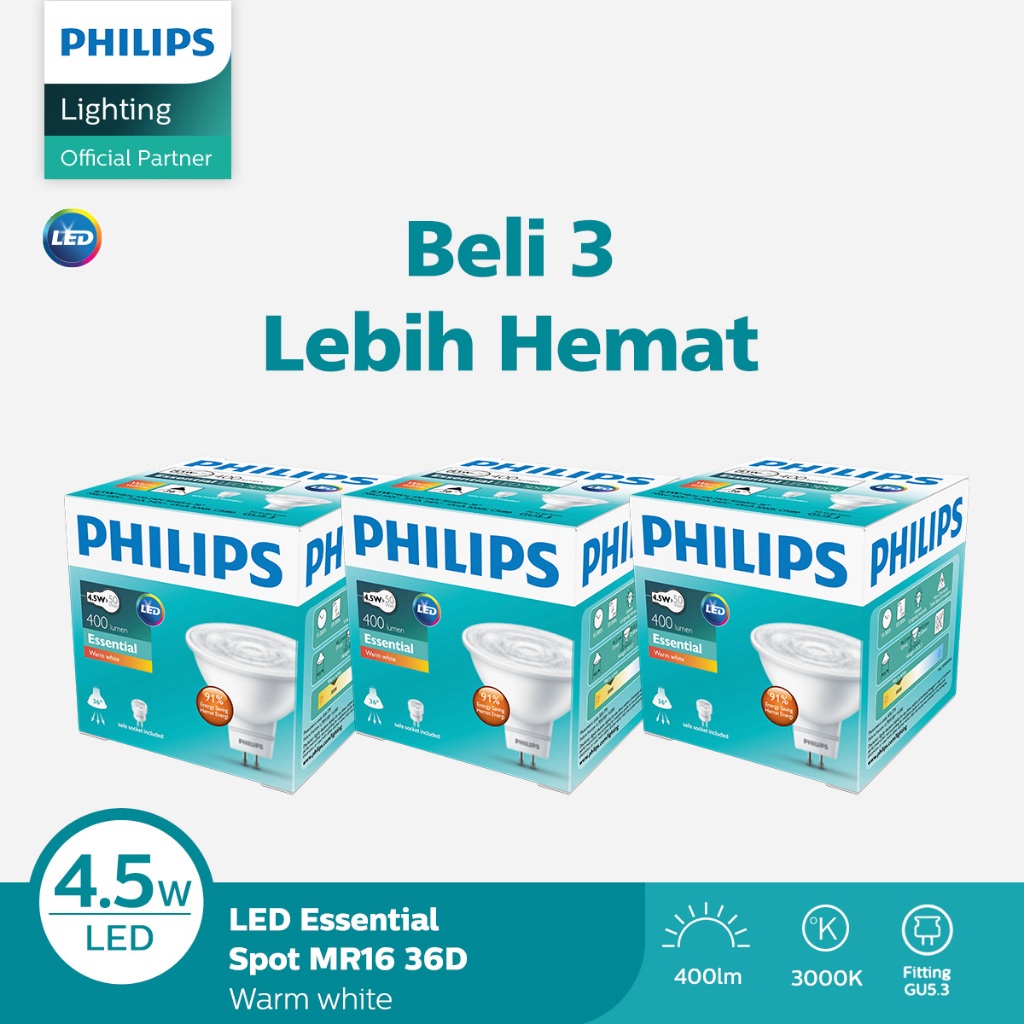 Jual Paket Lampu Philips 3x ESS LED MR16 4.5-50W 36D 830 100-240V | Shopee Indonesia