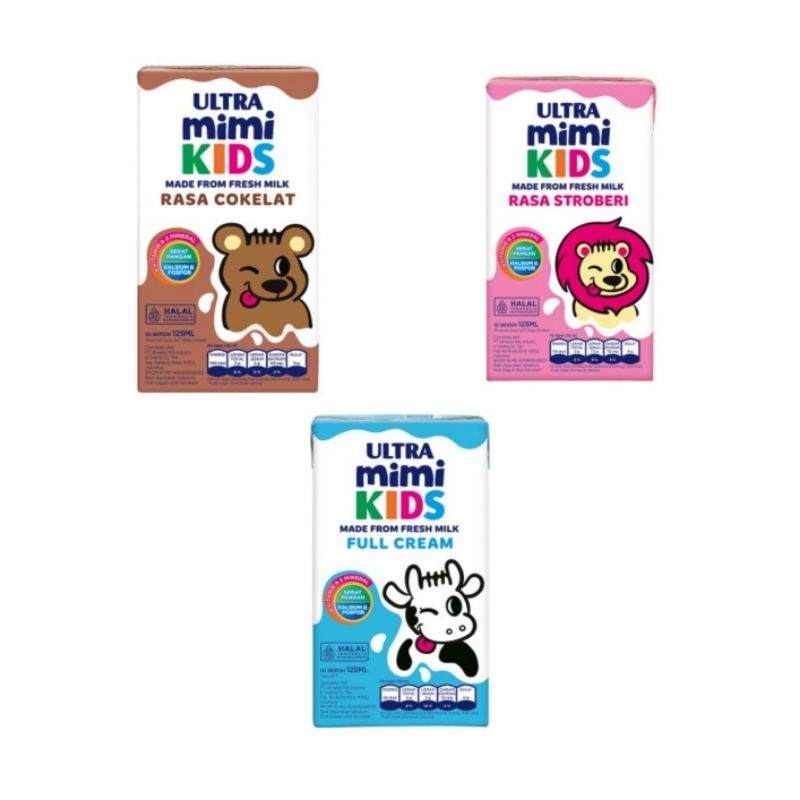Jual Ultra Mimi Kids Susu UHT Full cream, Stroberi, coklat Kotak 125 ml ...