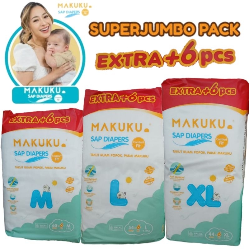 Jual MAKUKU SAP Diapers Comfort FIT Pants Super Jumbo Pack M60+6 L54+6 XL44+6 / Popok Bayi Tipis ...