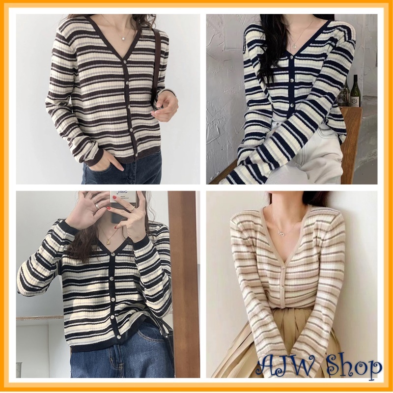 Jual AJW Atasan Rajut Wanita Lengan Panjang Import Premium Salur Garis Full Kancing WAD | Korean ...