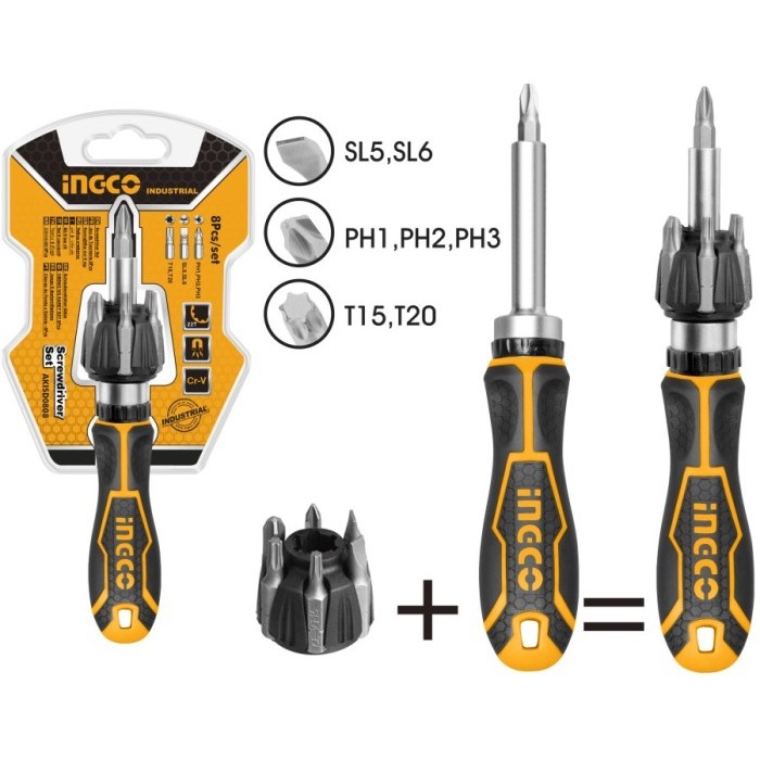 Jual Obeng Rachet Set 8 Mata Gagang Karet INGCO AKISD0808 | Shopee ...