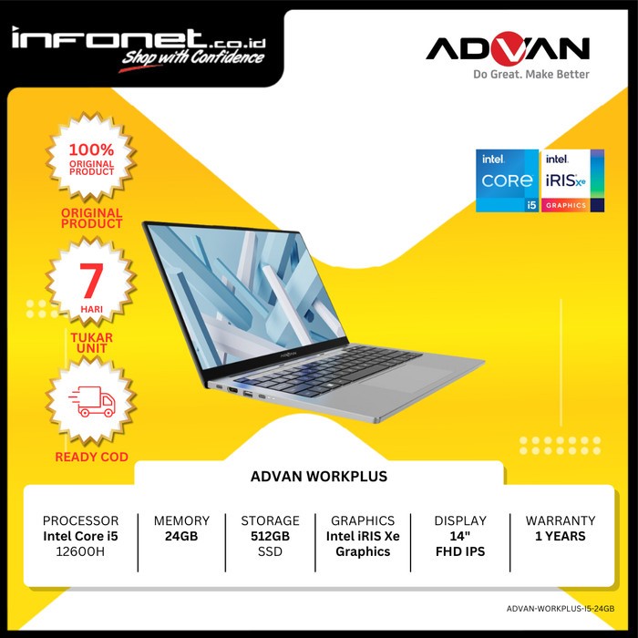 Jual ADVAN Laptop Workplus Intel i5 12600H 24GB 512GB 14'' FHD IPS W11 ...