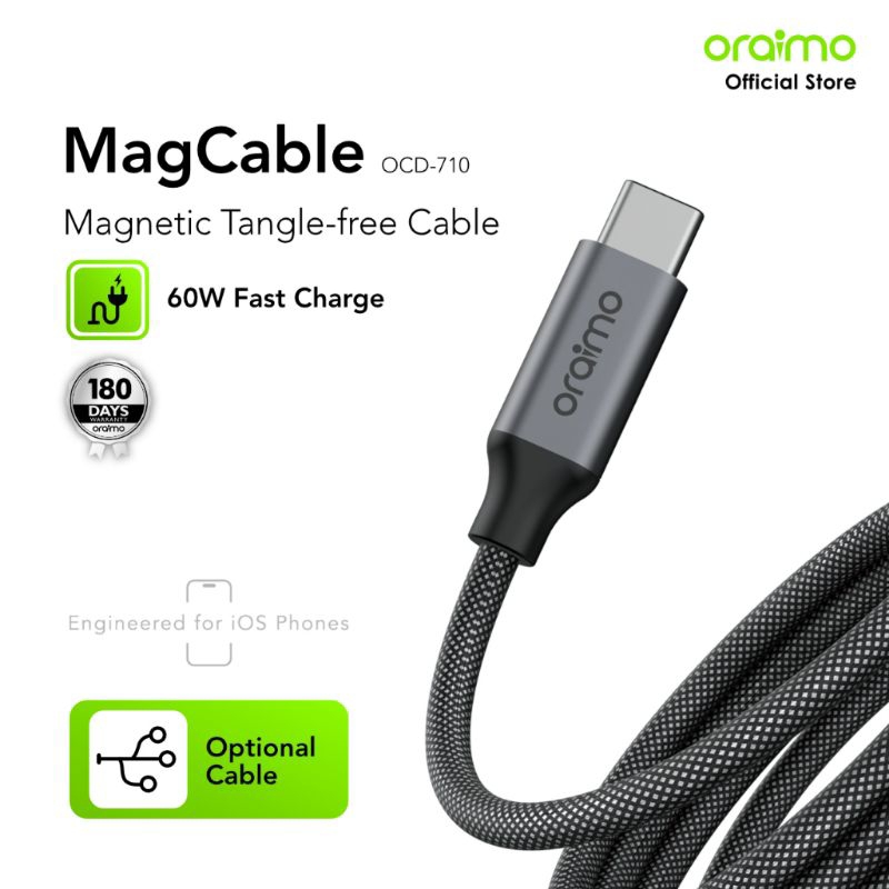 Jual Oraimo MagCable OCD-710 Data Cable Type C Lightning 60W 3A Fast Charging Magnetic Original ...