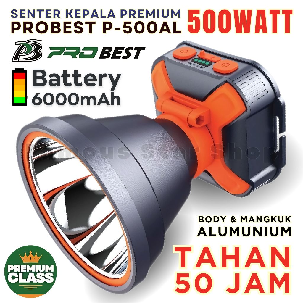 Jual Senter Kepala Premium 500 Watt | Tahan 50 Jam | 6.000mAh | Cahaya Putih | PROBEST P-500AL ...