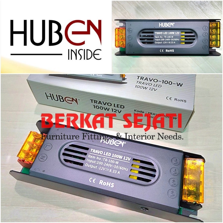 Jual HUBEN Power Supply 100W 8.33A - 12V Travo Trafo LED Strip Slim Adaptor | Shopee Indonesia
