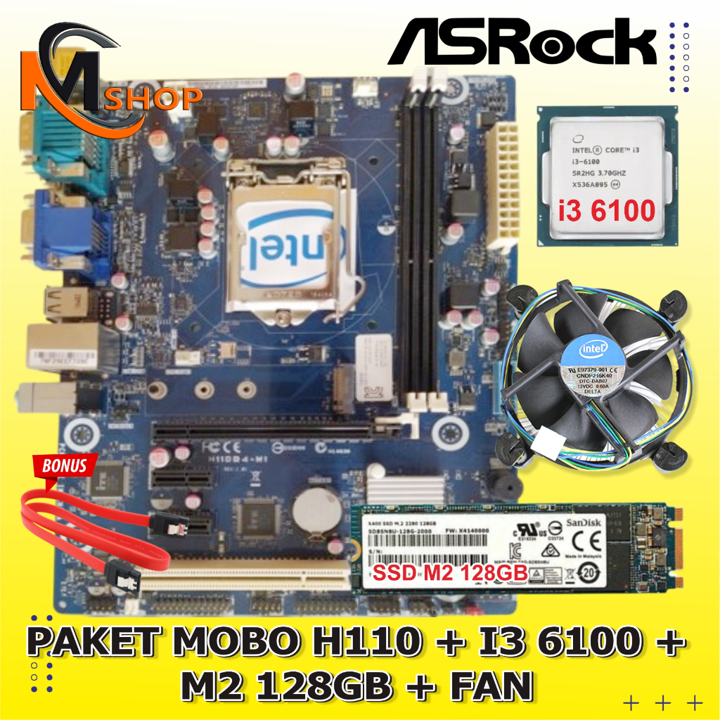 Jual Paket Mainboard Mobo Motherboard H110 LGA 1151+ Processor i3 6100 + SSD M2 128GB + RAM DDR4 ...