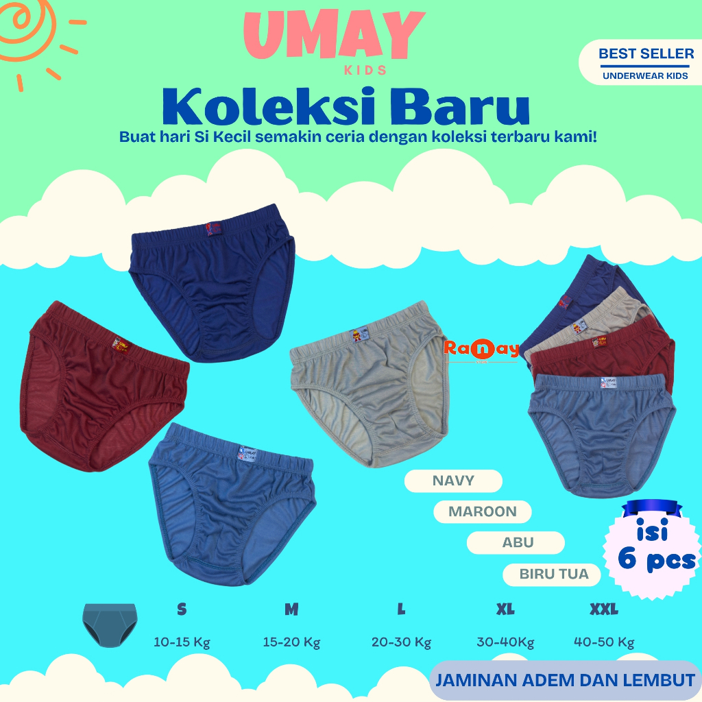 Jual 6 PCS CELANA DALAM ANAK LAKI LAKI UMAY KIDS | 4 WARNA ADEM LEMBUT NYAMAN TERLARIS | KIDS ...