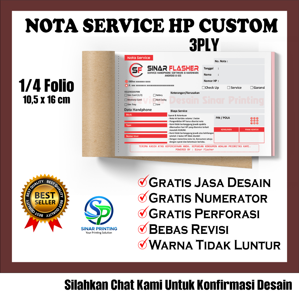 Jual Cetak Nota Service HP Custom 3PLY ukuran 1/4 folio Custom - Nota ...