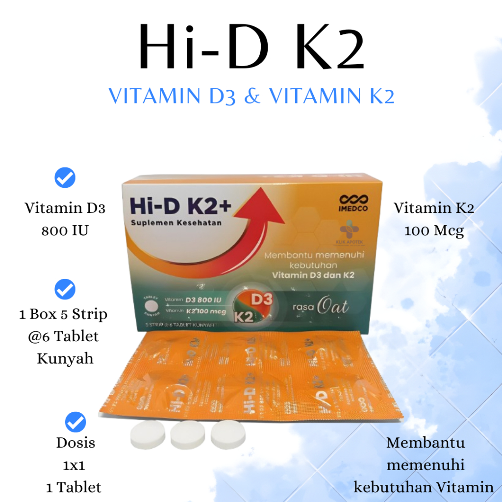 Jual HI D K2+ BOX ISI 30 TABLET - Vitamin D3 & K2 | memelihara kesehatan tulang serta daya tahan ...