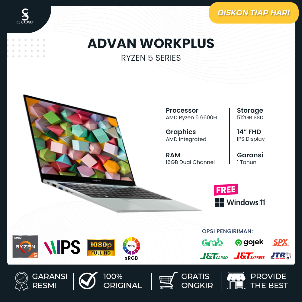 Jual ADVAN Laptop Workplus AMD Ryzen 5 6600H 14'' FHD IPS 16Gb 512Gb ...
