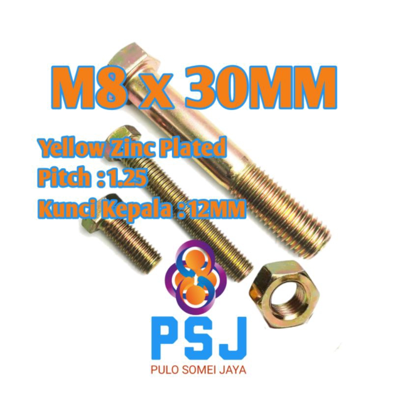 Jual Baut Mur Hexagon Kuning M8 x 30 / BMK Hexagon Kunci 12 | Shopee Indonesia