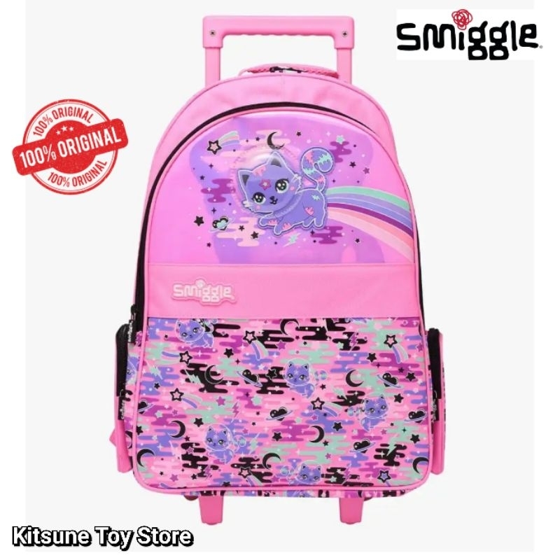 Jual Smiggle Away Trolley Backpack Bag Pink Cat With Light Up Wheels ...