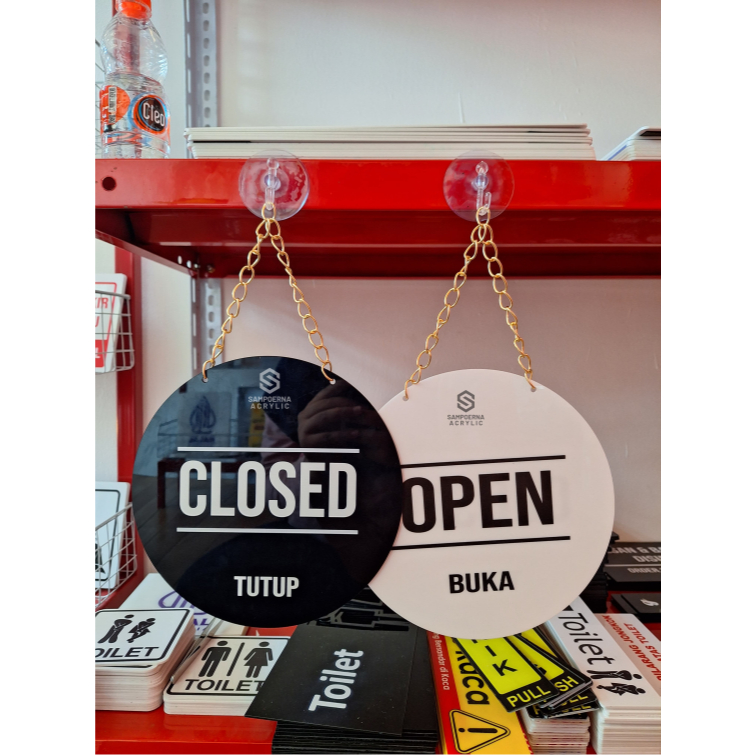Jual Open closed bahan acrylic 2 sisi Bonus rantai Gold + Kop Kaca anti ...