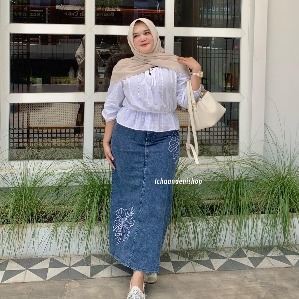 Jual ICH - Valen Rok Jeans Bordir Flower Bigsize Rok Span Jeans Bordir ...