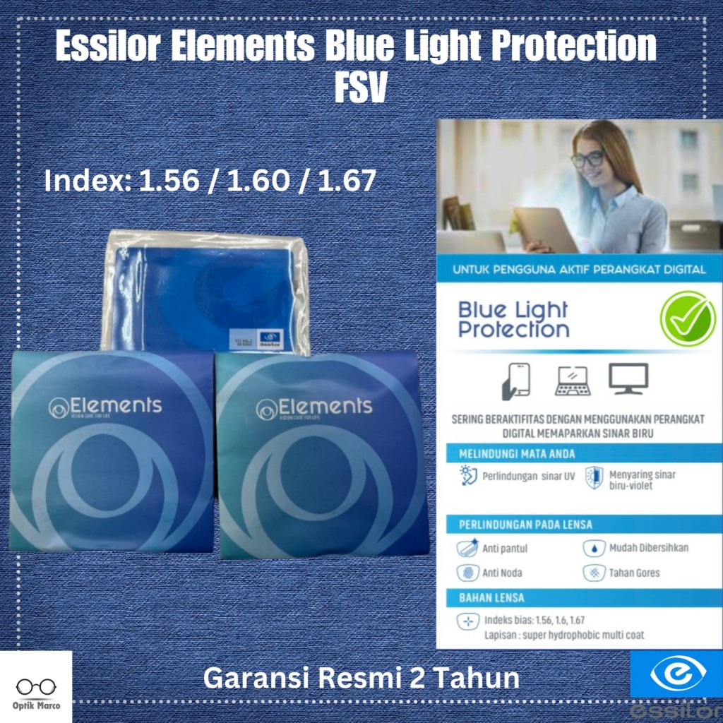 Jual Lensa Kacamata Anti Blue Ray Essilor Elements FSV Blue Light Protection UV420 ( Minus ...
